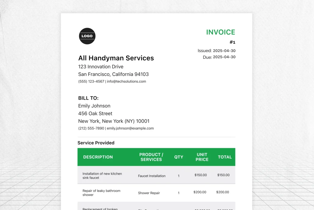 Free Handyman Invoice Template | Customize & Download Fast