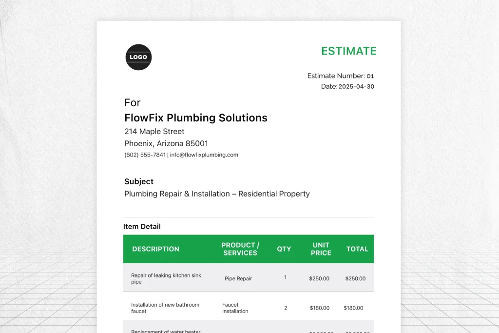 Plumbing Estimate Template | Download & Customize Instantly